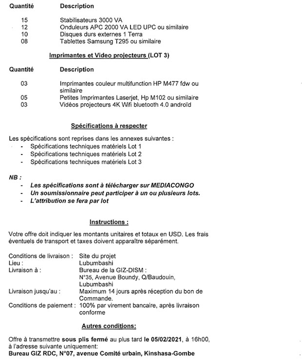 mediacongo.net - Offre d'emploi - Matériels informatiques