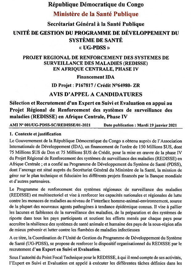 mediacongo.net - Offre d'emploi - Expert en Suivi et Evaluation en appui au Projet Régional de ...