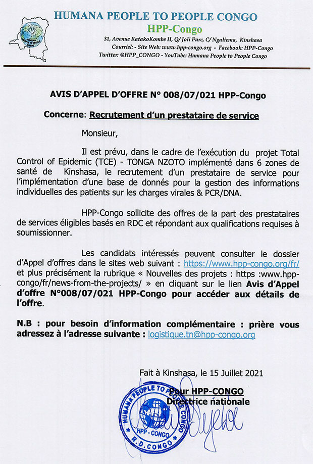 mediacongo.net - Offre d'emploi - Prestataire de service