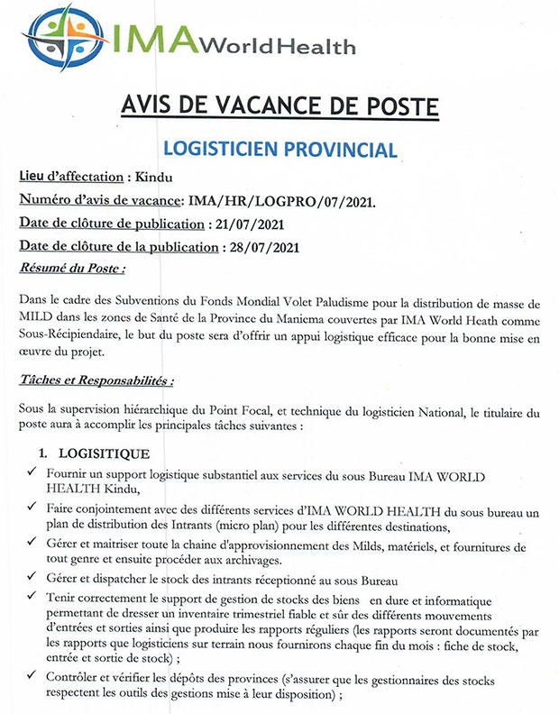 mediacongo.net - Offre d'emploi - Logisticien Provincial