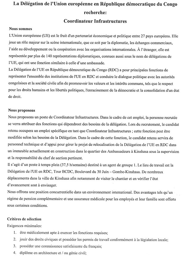 mediacongo.net - Offre d'emploi - Coordinateur Infrastructures