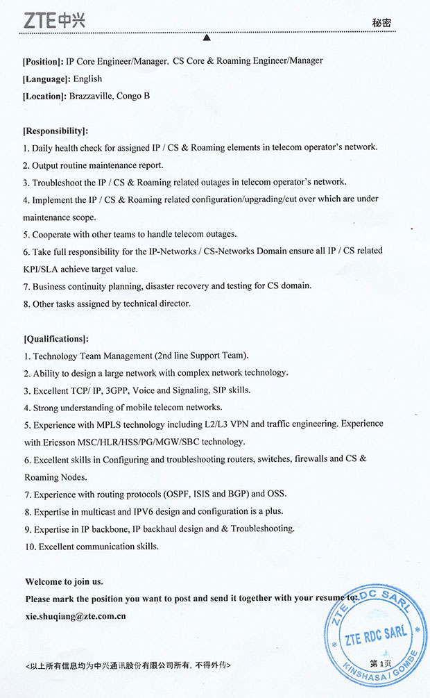 mediacongo.net - Offre d'emploi - IP Core Engineer/Manager