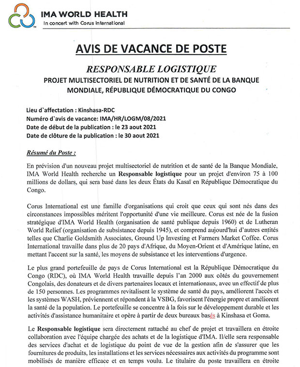 mediacongo.net - Offre d'emploi - Responsable logistique