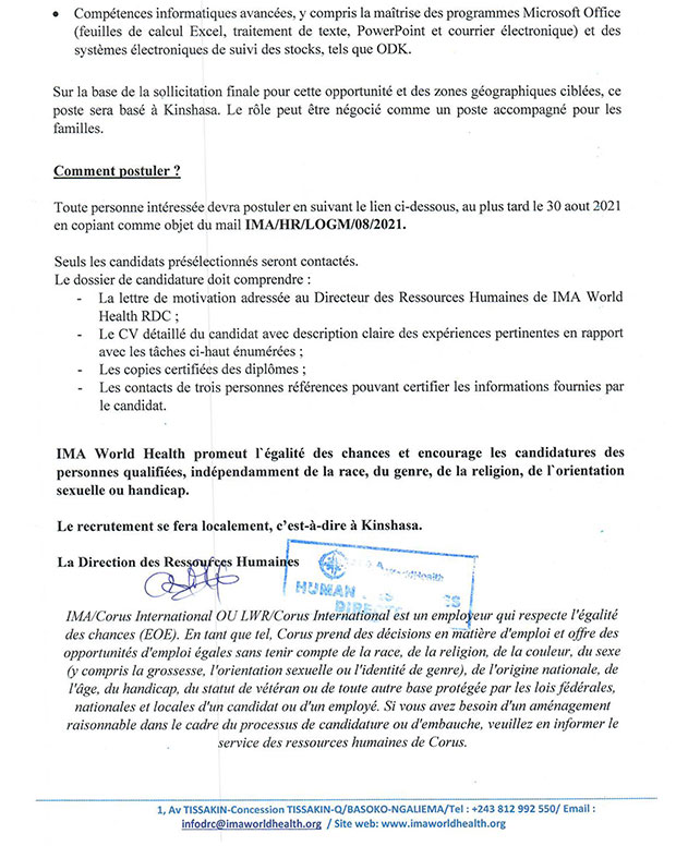 mediacongo.net - Offre d'emploi - Responsable logistique