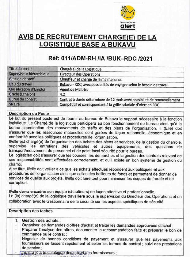 mediacongo.net - Offre d'emploi - Chargé(e) de la Logistique