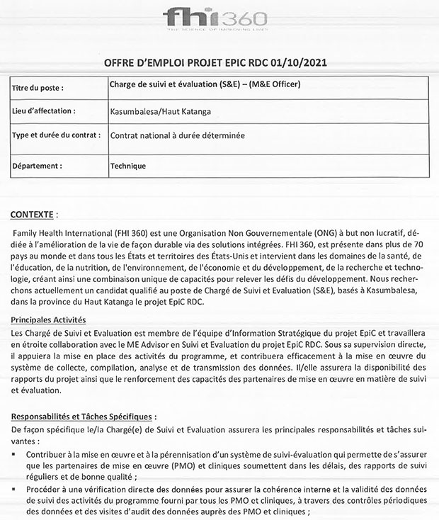 mediacongo.net - Offre d'emploi - Chargé de suivi et évaluation (S&E) / M&E Officer