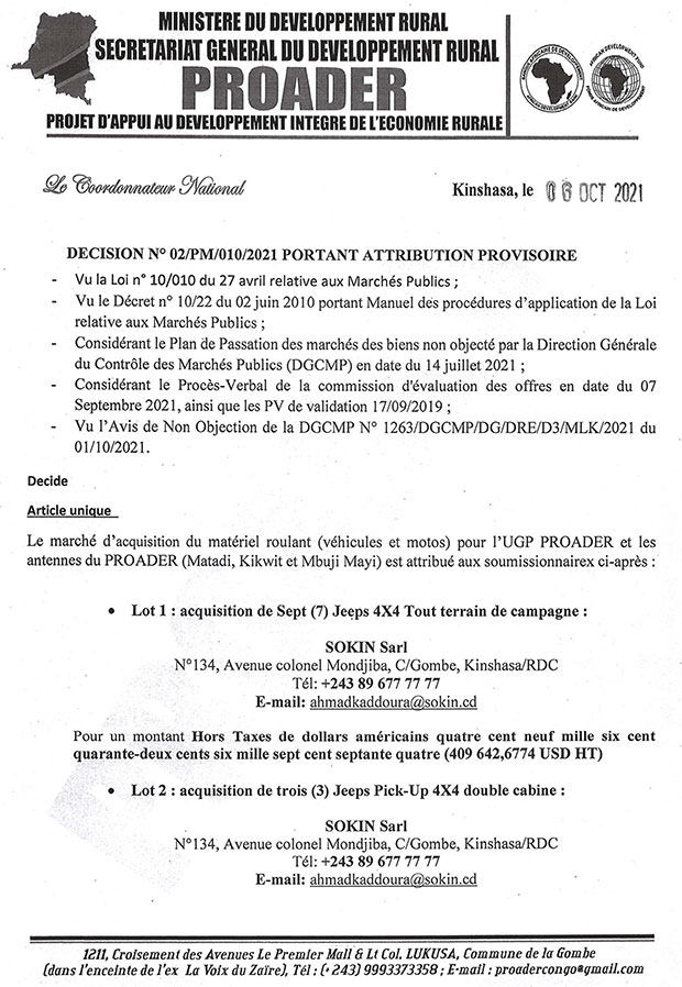 mediacongo.net - Offre d'emploi - ATTRIBUTION PROVISOIRE : Acquisition du matériel roulant ...