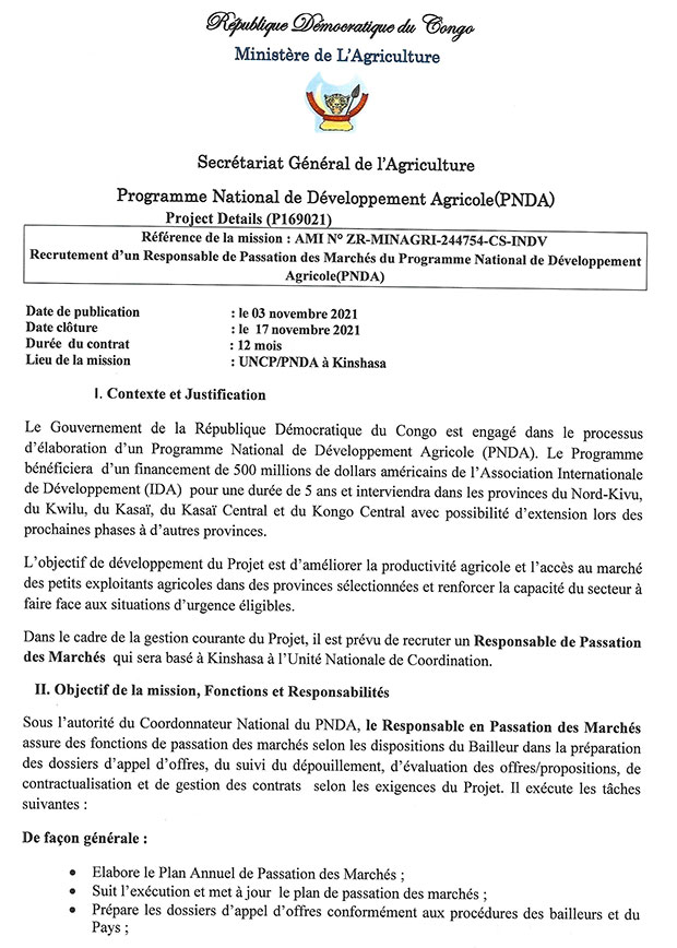 mediacongo.net - Offre d'emploi - Responsable de Passation des Marchés du Programme National de ...