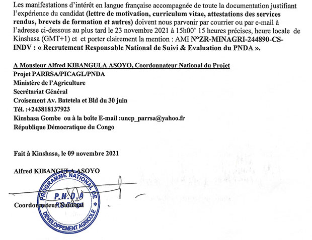 mediacongo.net - Offre d'emploi - Responsable National de Suivi & Evaluation