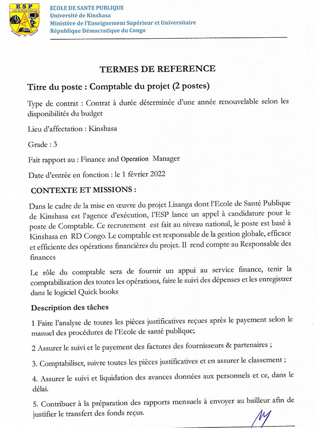 mediacongo.net - Offre d'emploi - Comptable du projet