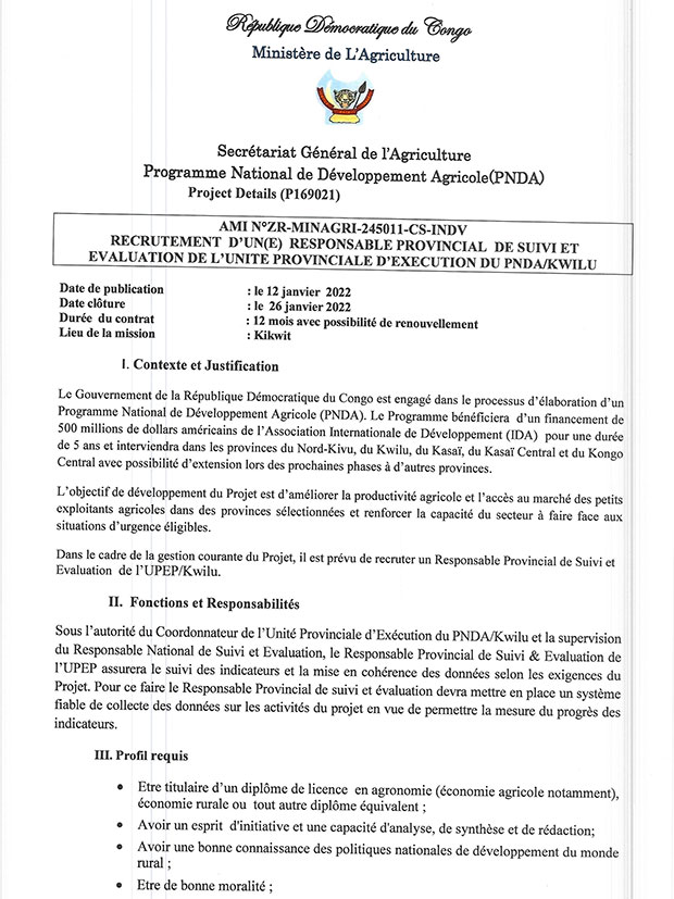 mediacongo.net - Offre d'emploi - Responsable provincial de suivi et évaluation d' l'Unité ...