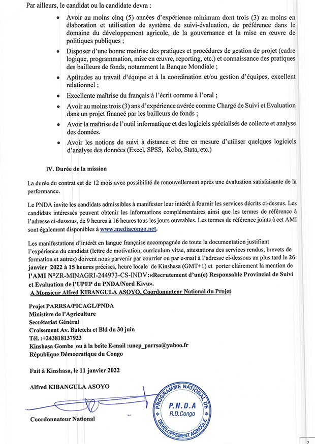 mediacongo.net - Offre d'emploi - Responsable provincial de suivi et évaluation de l'Unité ...