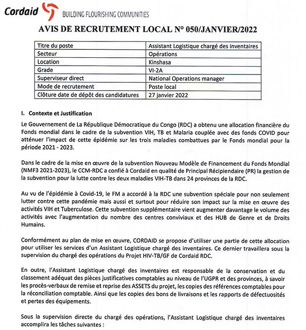 mediacongo.net - Offre d'emploi - Assistant Logistique chargé des inventaires