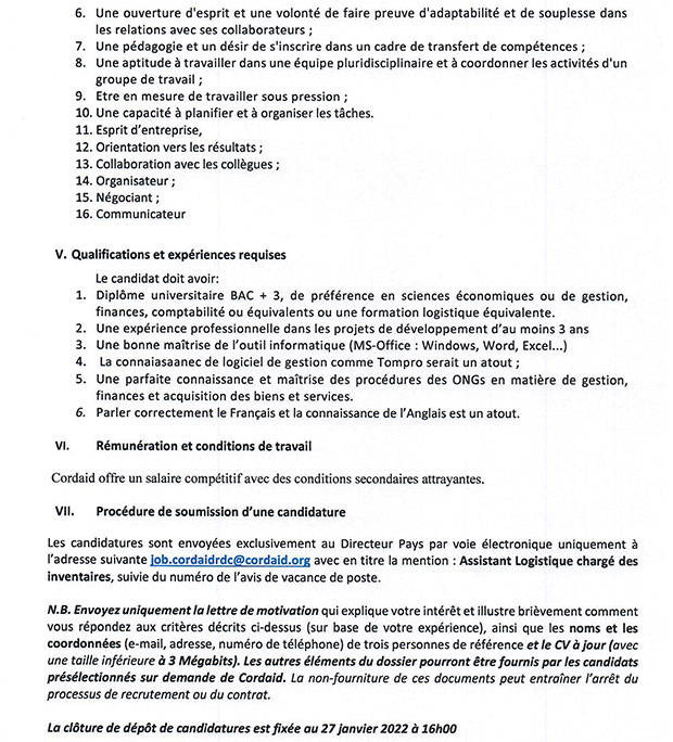 mediacongo.net - Offre d'emploi - Assistant Logistique chargé des inventaires