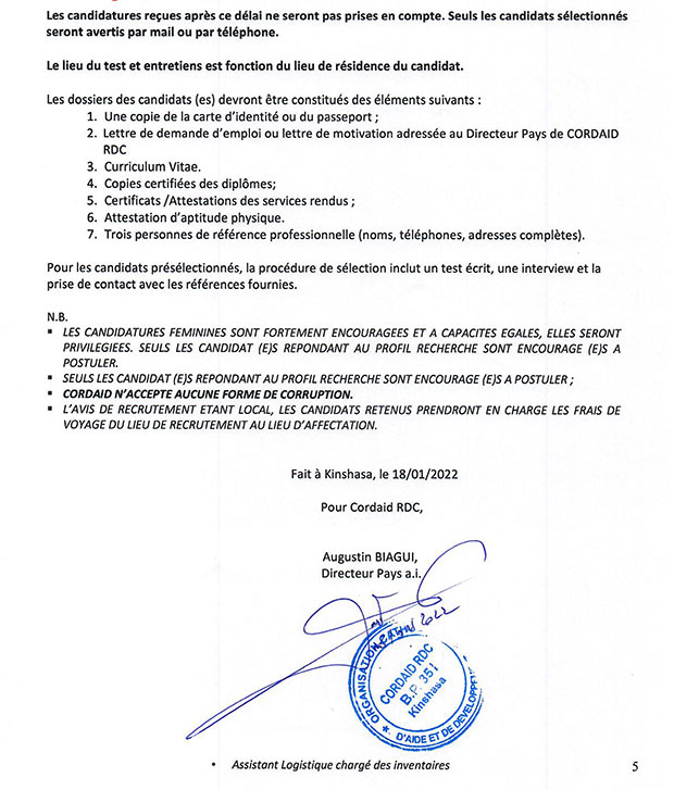 mediacongo.net - Offre d'emploi - Assistant Logistique chargé des inventaires