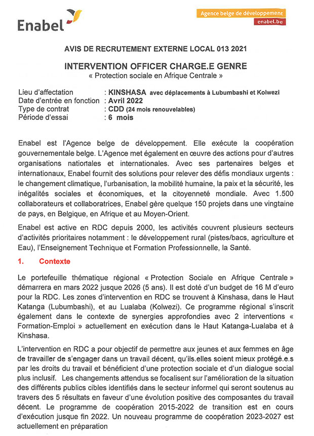 mediacongo.net - Offre d'emploi - Intervention Officer chargé(e) Genre