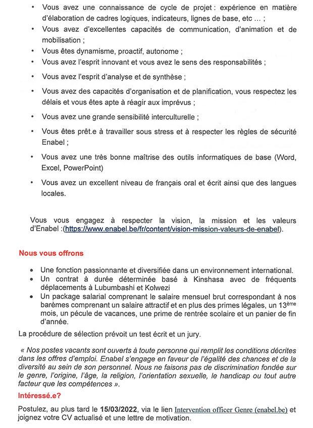 mediacongo.net - Offre d'emploi - Intervention Officer chargé(e) Genre