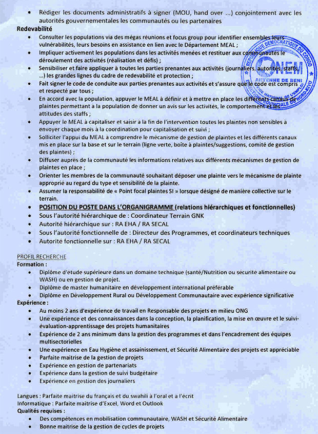 mediacongo.net - Offre d'emploi - Responsable de Programme (RP) Multisectoriel