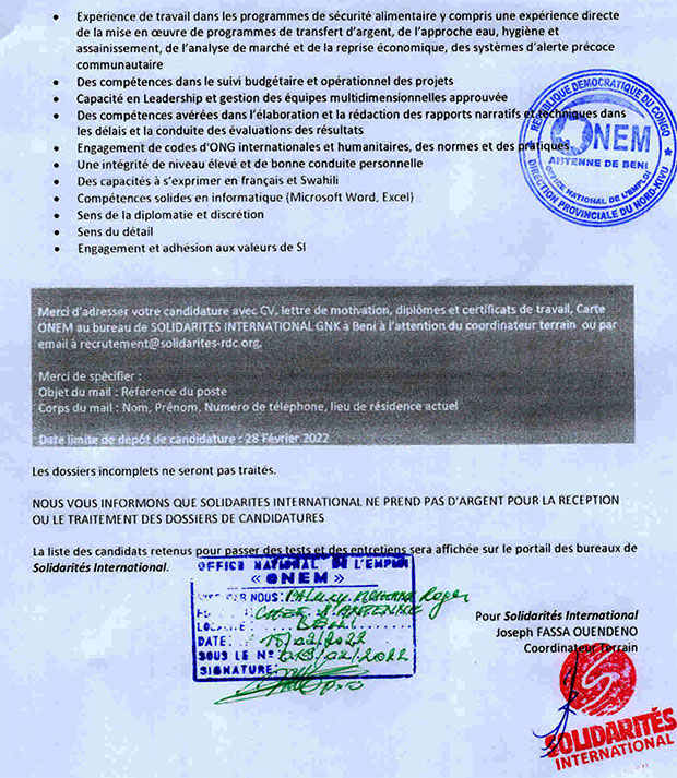 mediacongo.net - Offre d'emploi - Responsable de Programme (RP) Multisectoriel