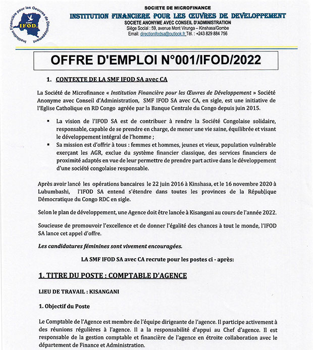 mediacongo.net - Offre d'emploi - Comptable d'Agence, Technicien support informatique et Agent ...