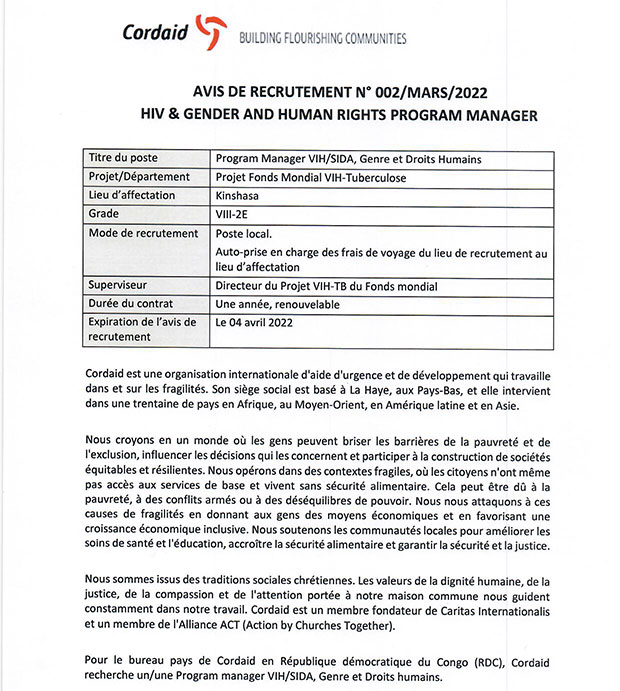 mediacongo.net - Offre d'emploi - Program Manager VIH/SIDA, Genre et Droits Humains