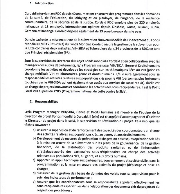 mediacongo.net - Offre d'emploi - Program Manager VIH/SIDA, Genre et Droits Humains