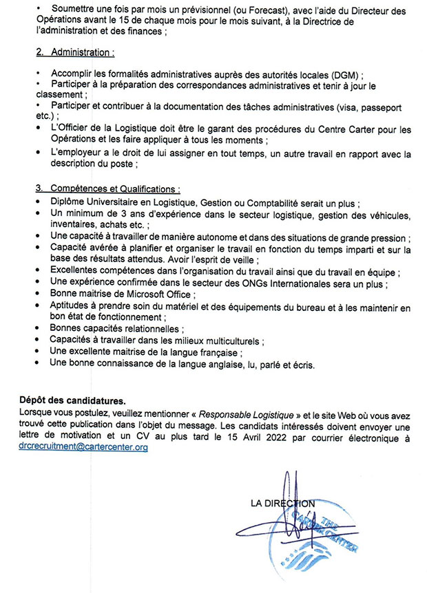 mediacongo.net - Offre d'emploi - Responsable Logistique