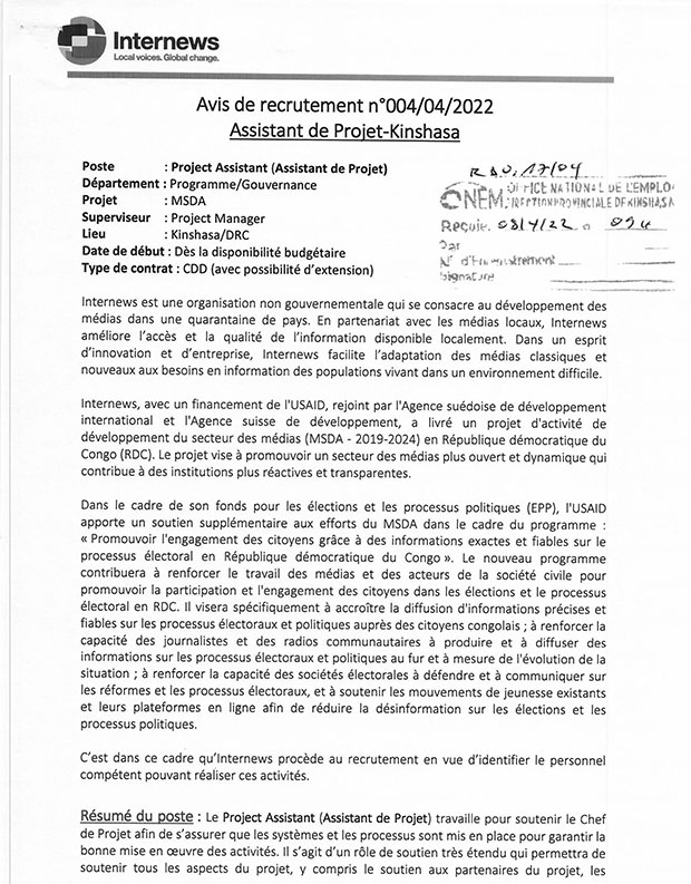 mediacongo.net - Offre d'emploi - Assistant de Projet