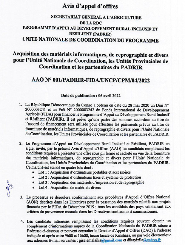 mediacongo.net - Offre d'emploi - Acquisition des matériels informatiques, de reprographie et ...