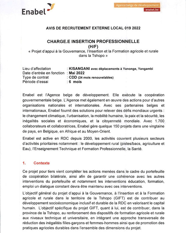 mediacongo.net - Offre d'emploi - Chargé(e) Insertion Professionnelle