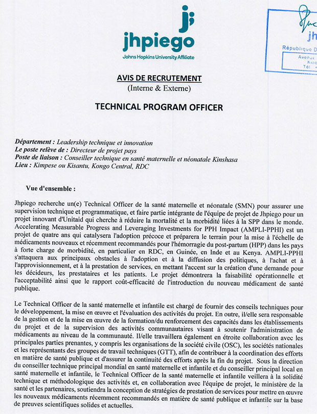 mediacongo.net - Offre d'emploi - Technical Program Officer