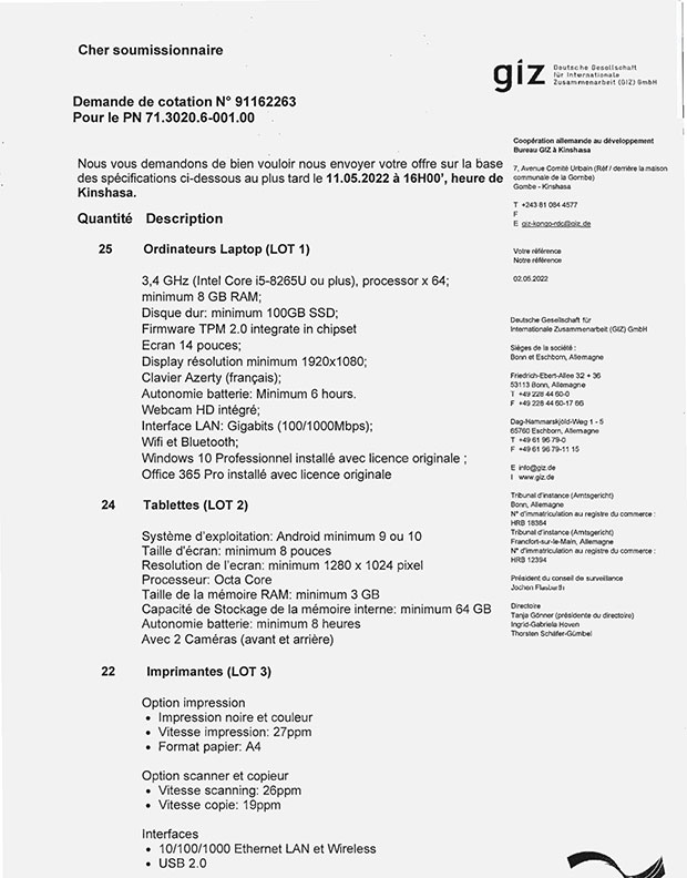 mediacongo.net - Offre d'emploi - Demande de cotation pour Matériels ...