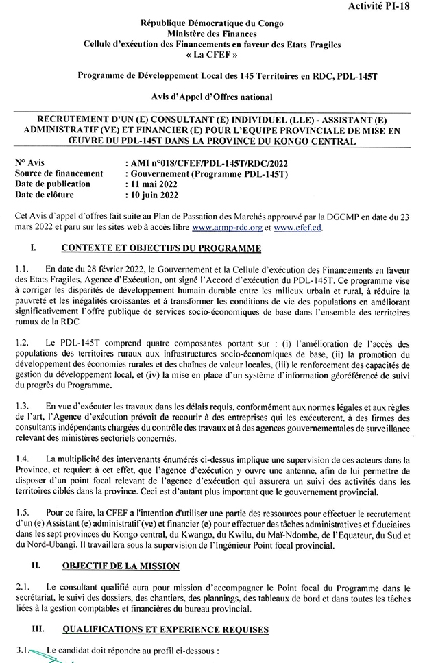 mediacongo.net - Offre d'emploi - Recrutement d'un(e) Consultant(e) individuel(le) - Assistant(e ...