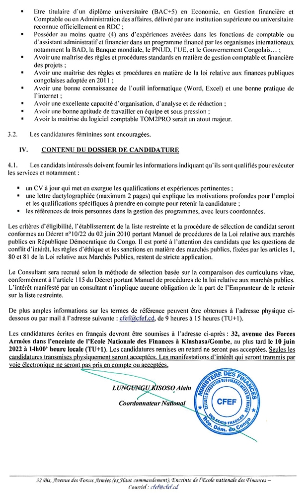 mediacongo.net - Offre d'emploi - Recrutement d'un(e) Consultant(e) individuel(le) - Assistant(e ...