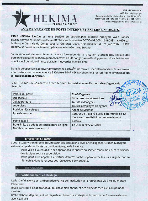 mediacongo.net - Offre d'emploi - Responsable d'Agence