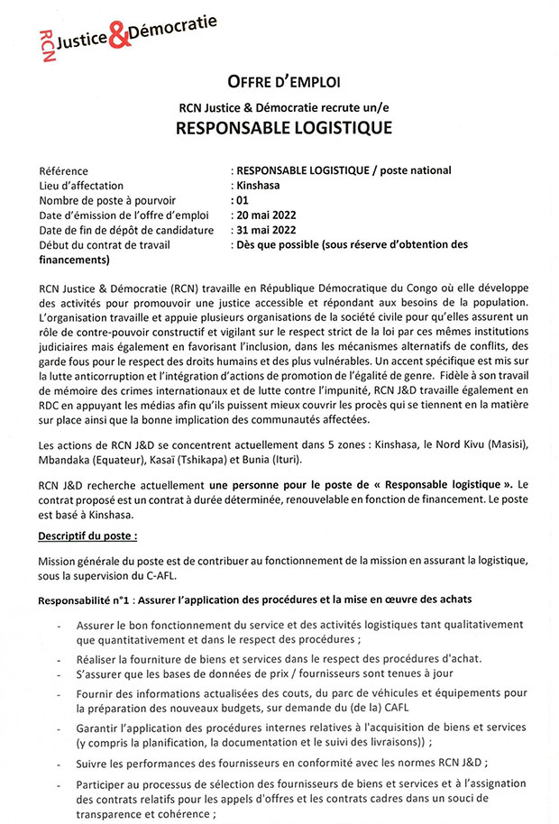 mediacongo.net - Offre d'emploi - Responsable logistique