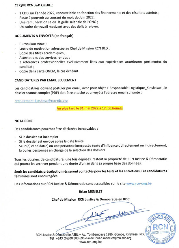 mediacongo.net - Offre d'emploi - Responsable logistique