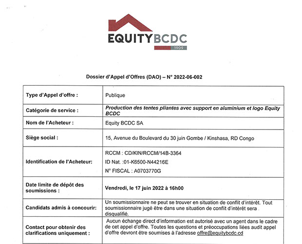 mediacongo.net - Offre d'emploi - Production des tentes pliantes avec ...
