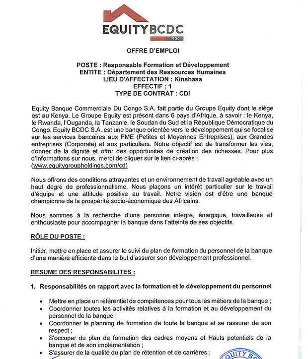 mediacongo.net - Offre d'emploi - Responsable Formation et Développement