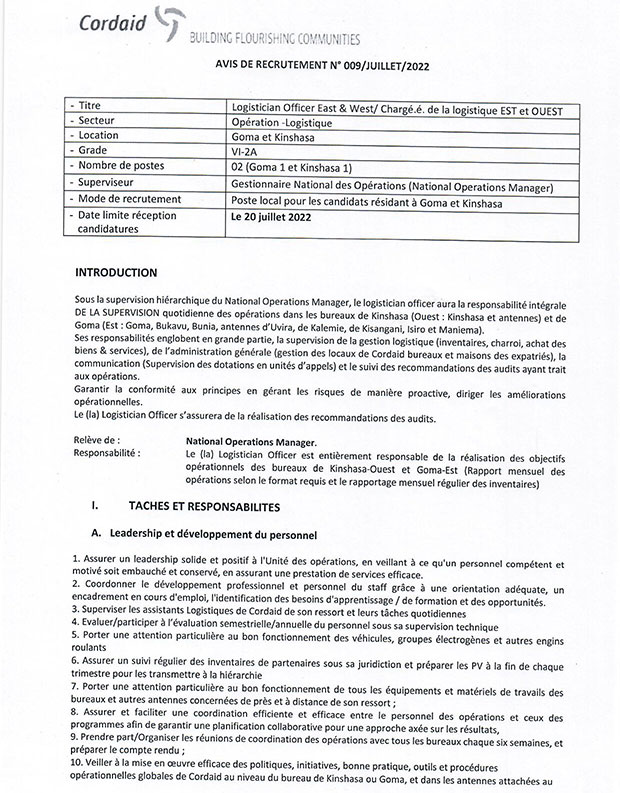 mediacongo.net - Offre d'emploi - Logisticien Officer East & West ...