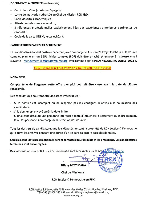 mediacongo.net - Offre d'emploi - Assistant(e) Projet