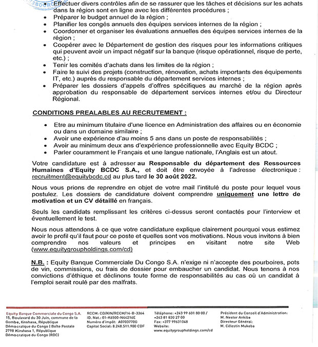 mediacongo.net - Offre d'emploi - Responsable Services internes Région Est