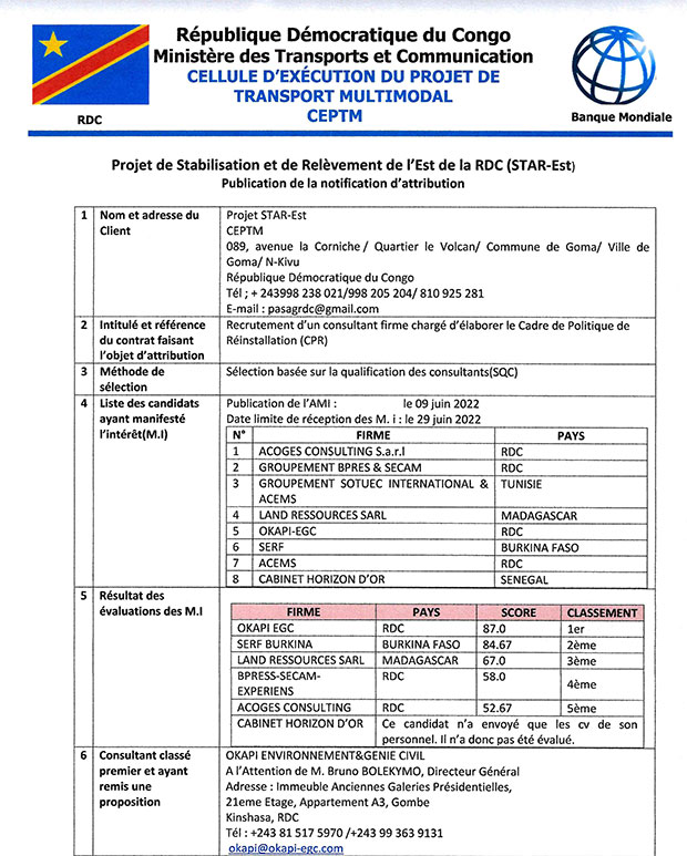 mediacongo.net - Offre d'emploi - Notification d'attribution : Consultant firme chargé d ...