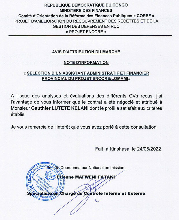 mediacongo.net - Offre d'emploi - ATTRIBUTION DU MARCHE : Assistant ... mediacongo.net - Offre d'emploi - ATTRIBUTION DU MARCHE : Assistant ...