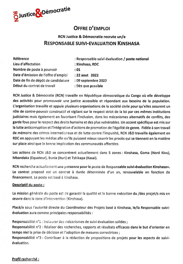 mediacongo.net - Offre d'emploi - Responsable suivi-évaluation