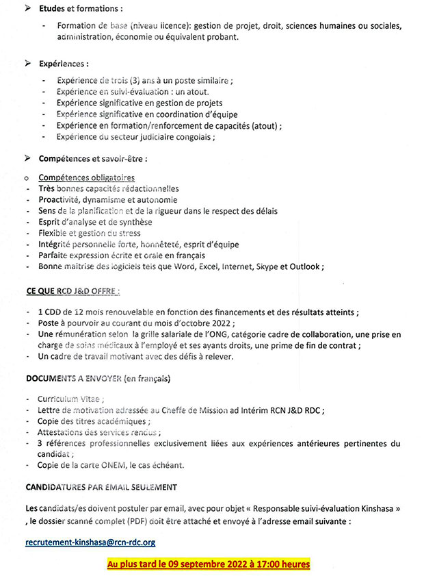 mediacongo.net - Offre d'emploi - Responsable suivi-évaluation