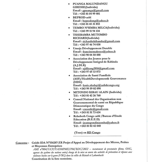 mediacongo.net - Offre d'emploi - Constitution de la liste restreinte : Prestataire (firme, ONG ...