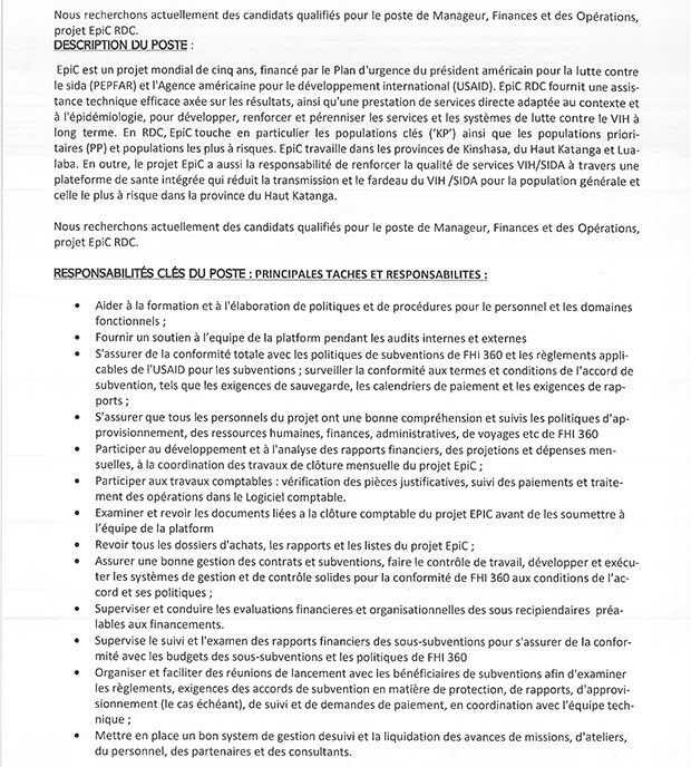 mediacongo.net - Offre d'emploi - Gestionnaire de Finance et Opérations