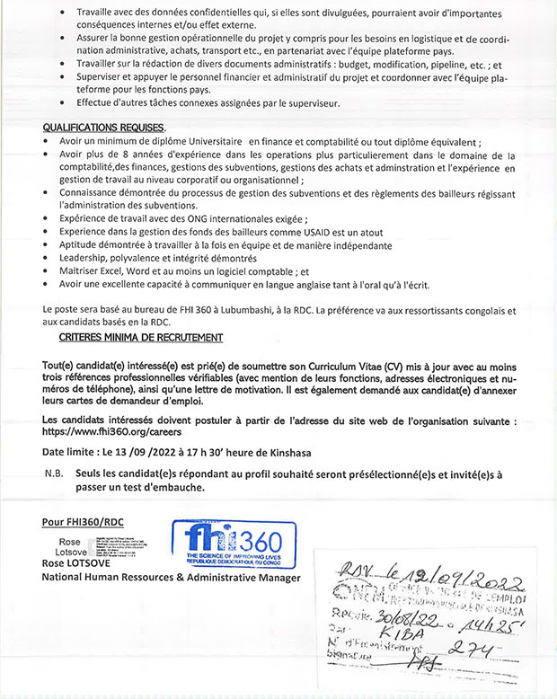 mediacongo.net - Offre d'emploi - Gestionnaire de Finance et Opérations