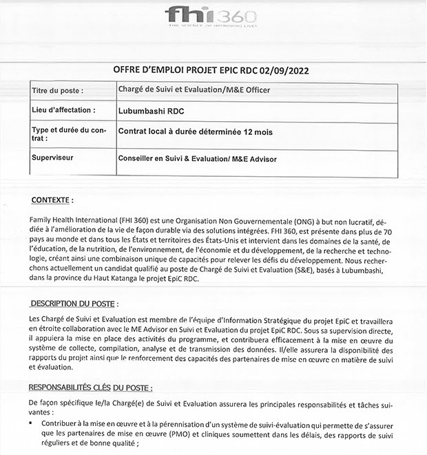 mediacongo.net - Offre d'emploi - Chargé de Suivi et Evaluation / M&E Officer
